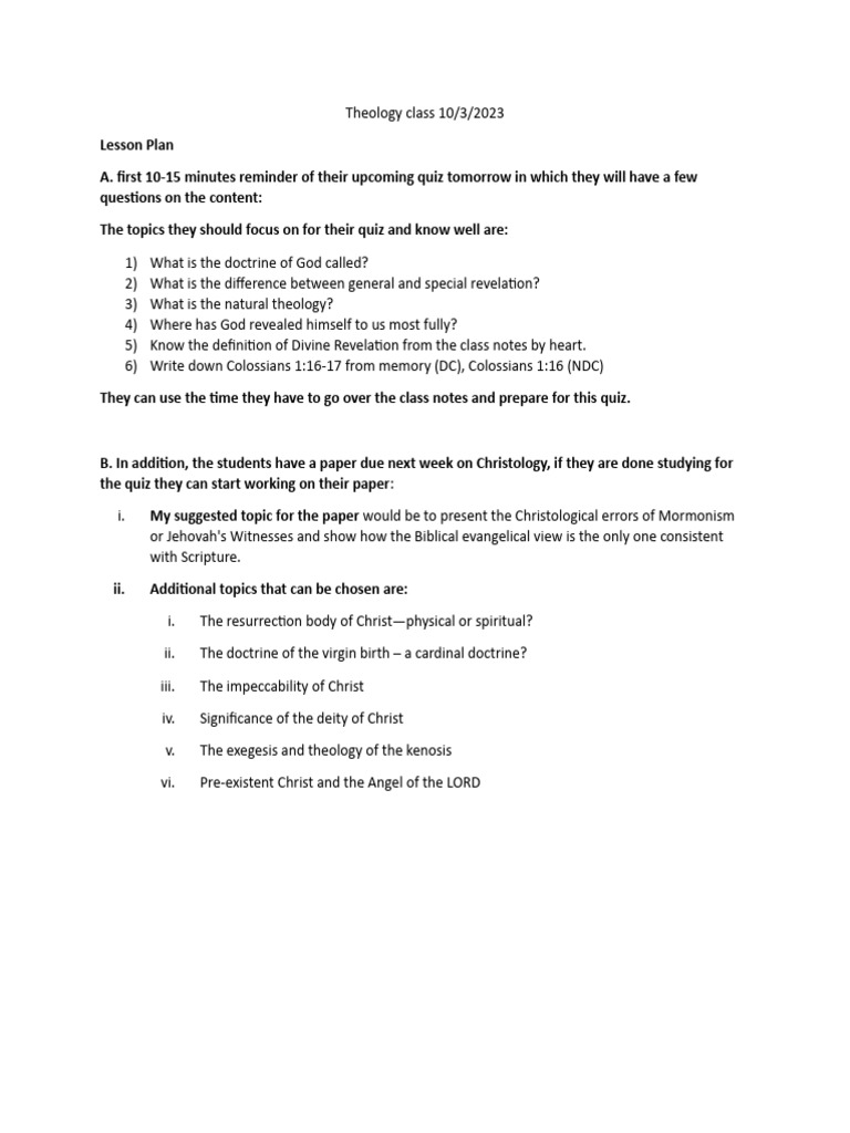 Theology Class Lesson Plan | PDF | Jesus | Christology