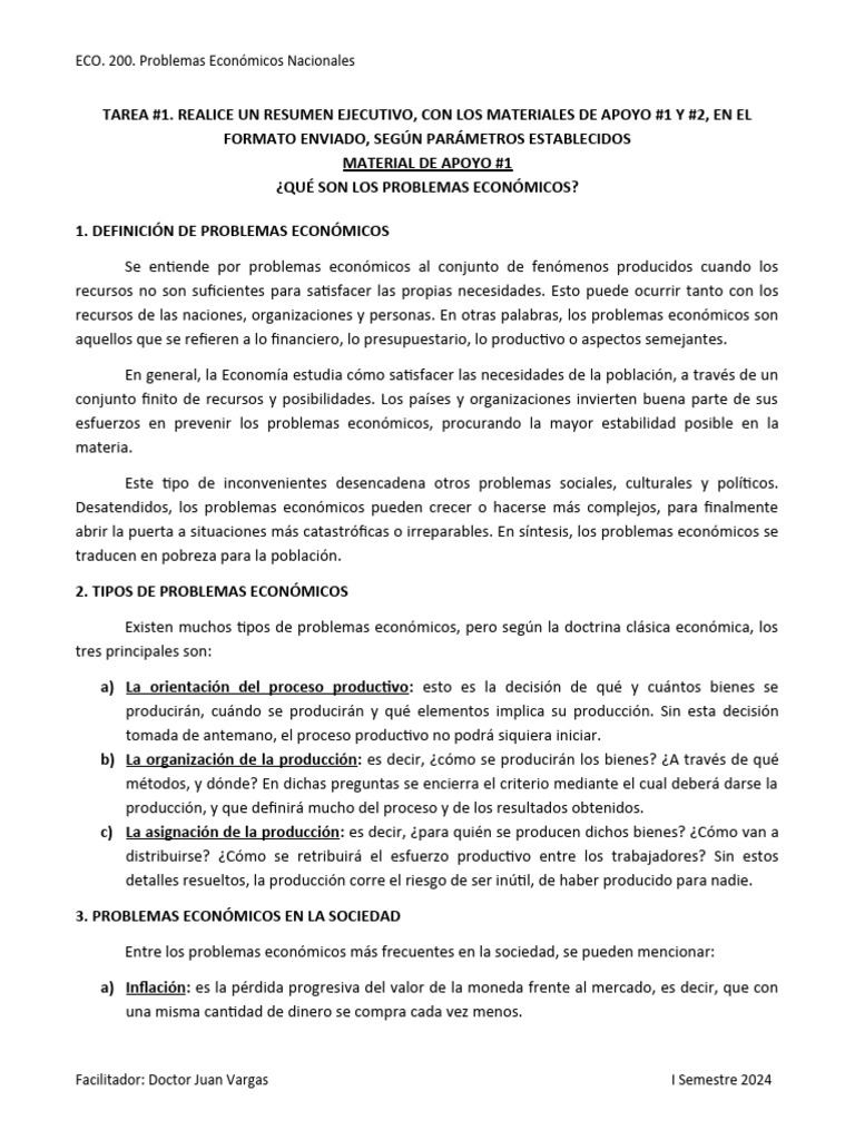 ECO 200 TAREA #1 Resumen Ejec. (Material de Apoyo 1) - I SEM 2023 | PDF | Inflación | Tipo de cambio