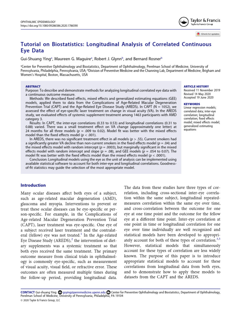 Tutorial On Biostatistics: Longitudinal Analysis of Correlated Continuous Eye Data | PDF | Fixed ...