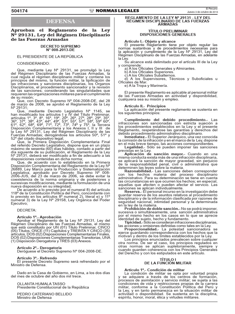 DS 008-2013-De (Reglamento de La Ley de Regimen Disciplinario de Las Ffaa) | PDF
