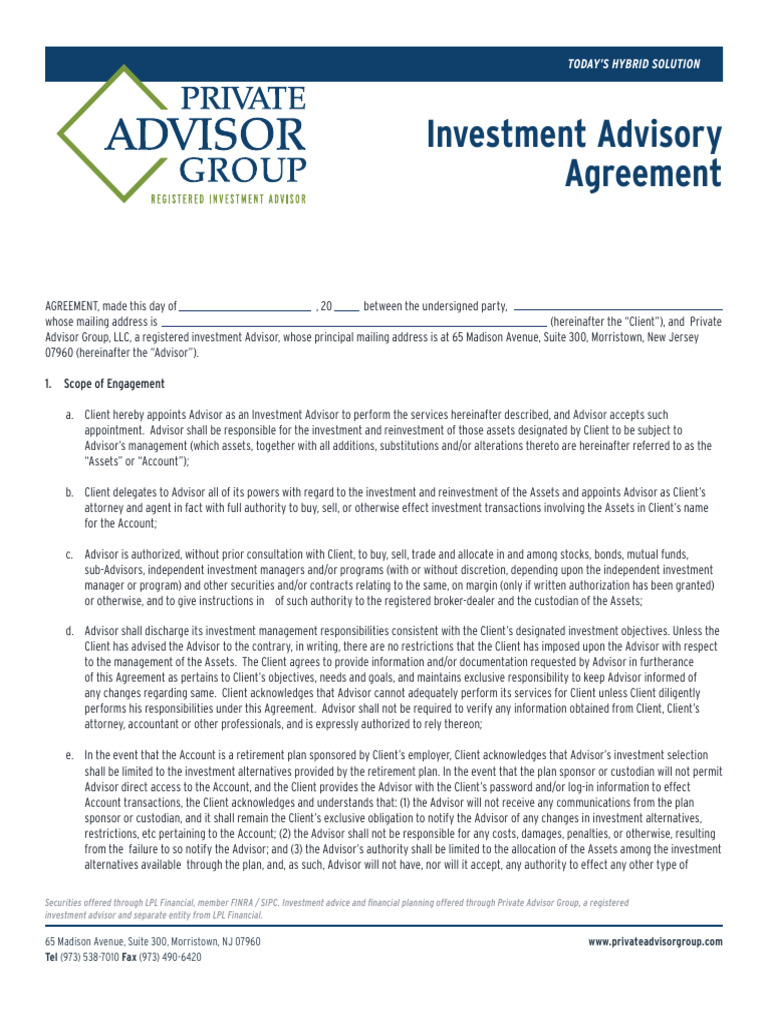 Investment Advisory Agreement Template | PDF | Financial Adviser ...