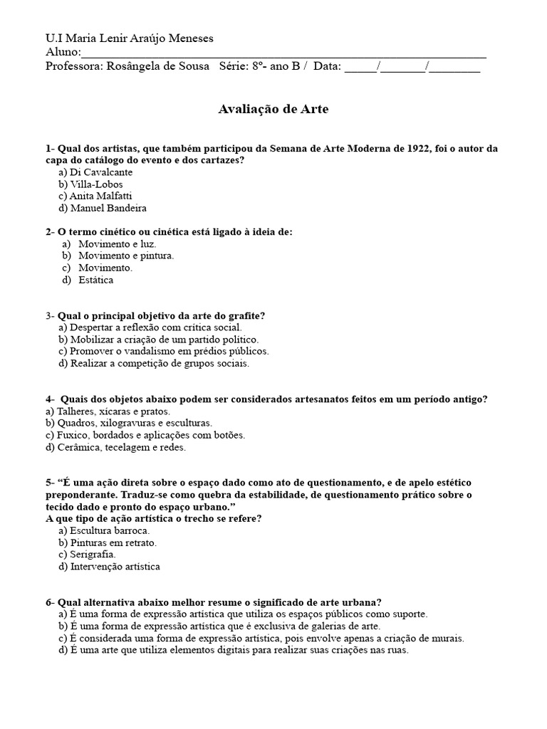 Prova de Arte 8b | PDF | Arte de rua | As artes