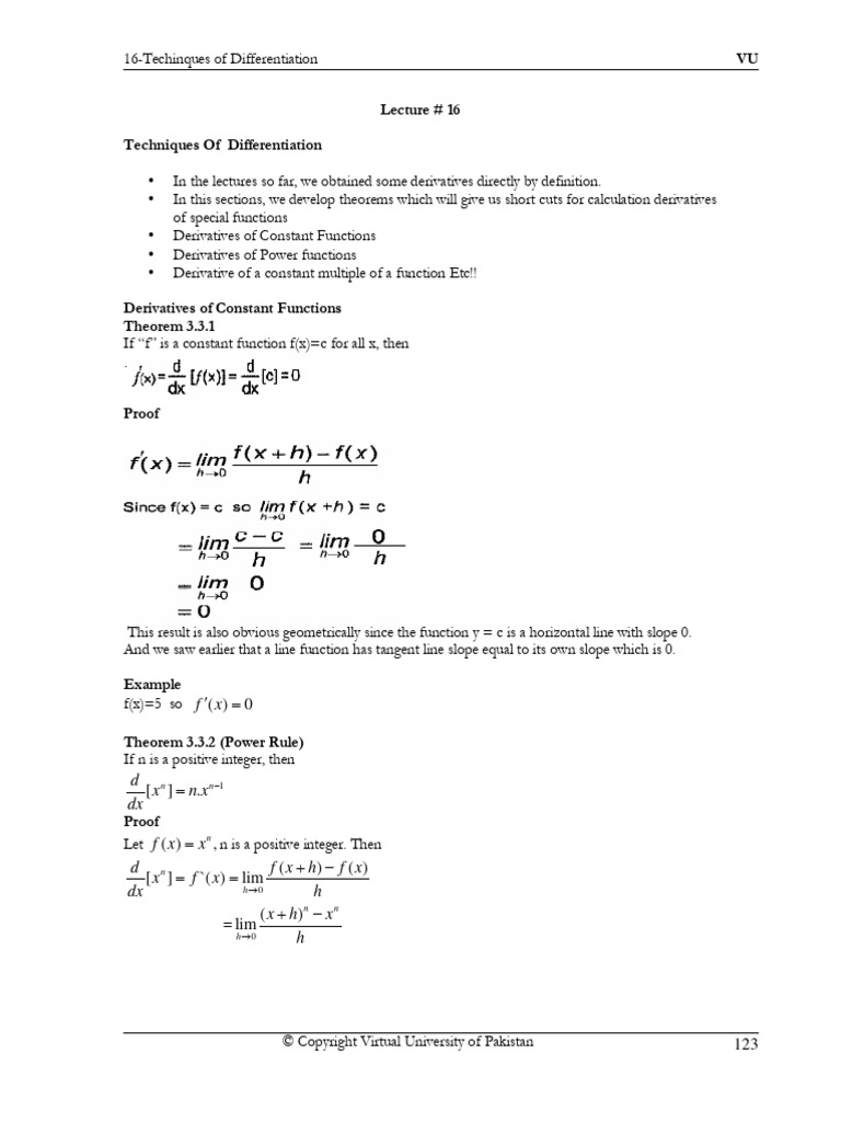 Vu Lecture 16 Pdf Derivative Function Mathematics