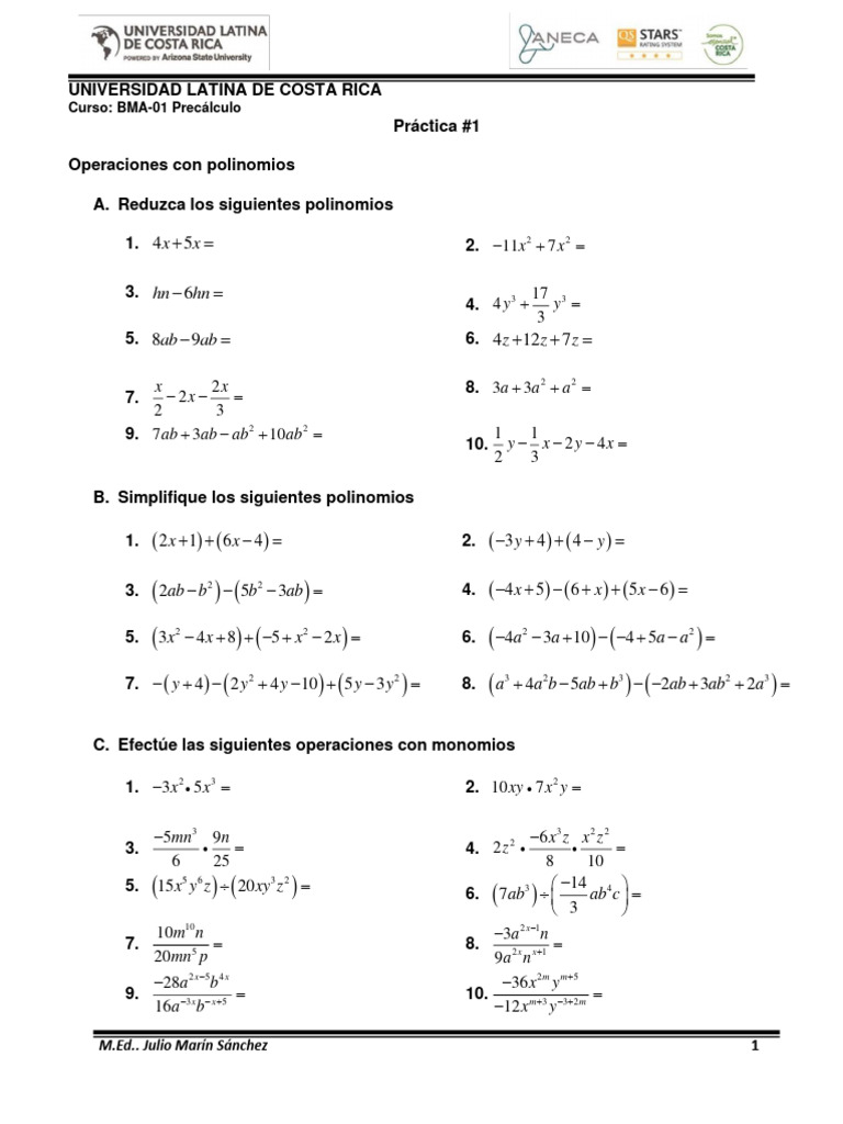 Práctica #1 Operaciones Con Polinomios | PDF