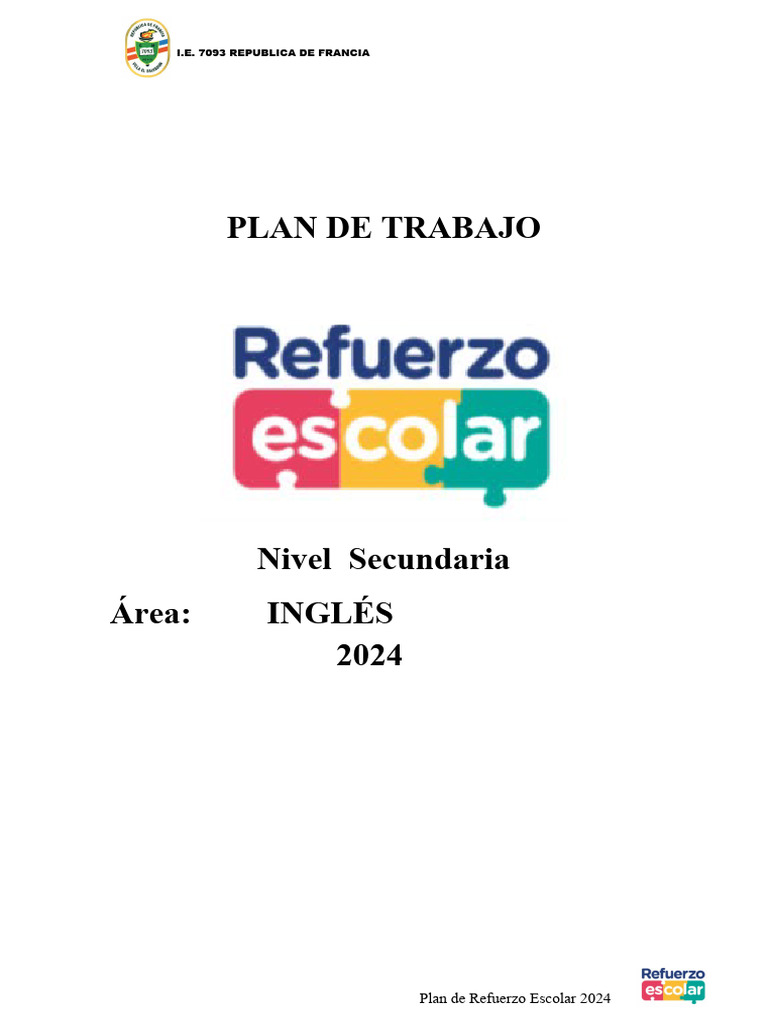 Plan de REFUERZO-ESCOLAR 2024-1ro-2do-3ro-4to-5to-29-05-24 | PDF ...