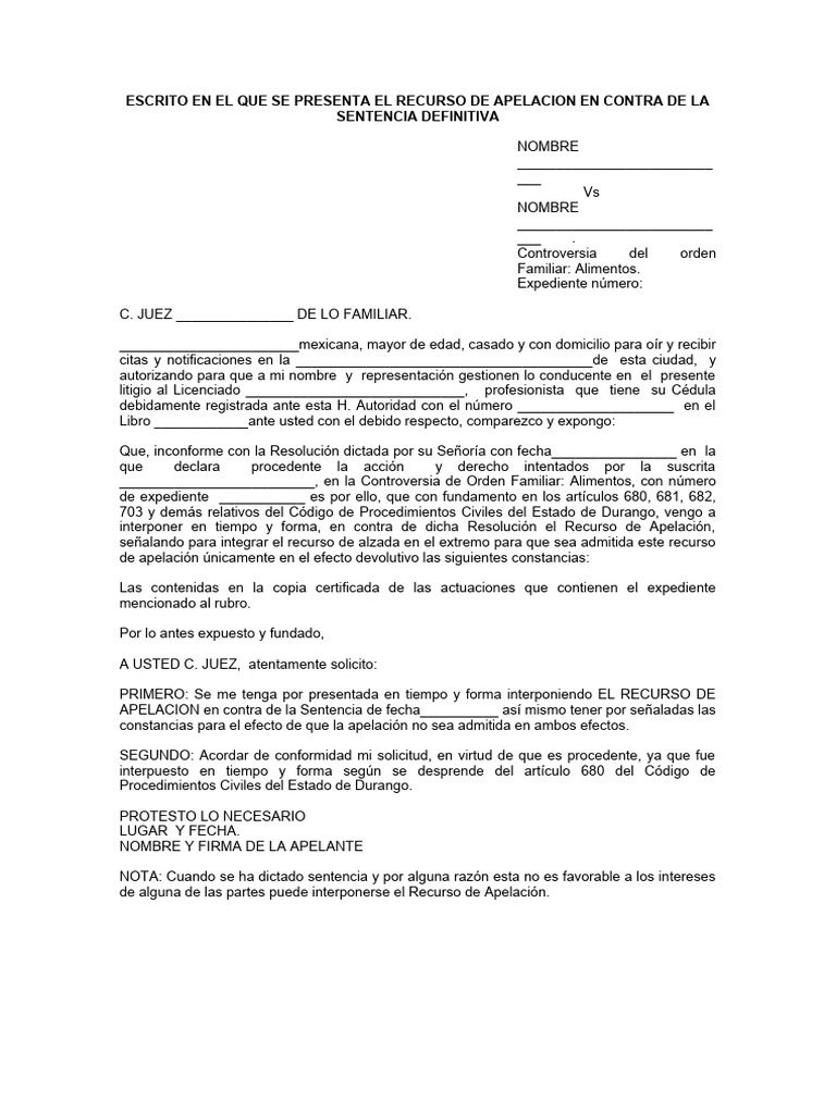 Escrito en El Que Se Presenta El Recurso de Apelacion en Contra de La Sentencia Definitiva | PDF ...