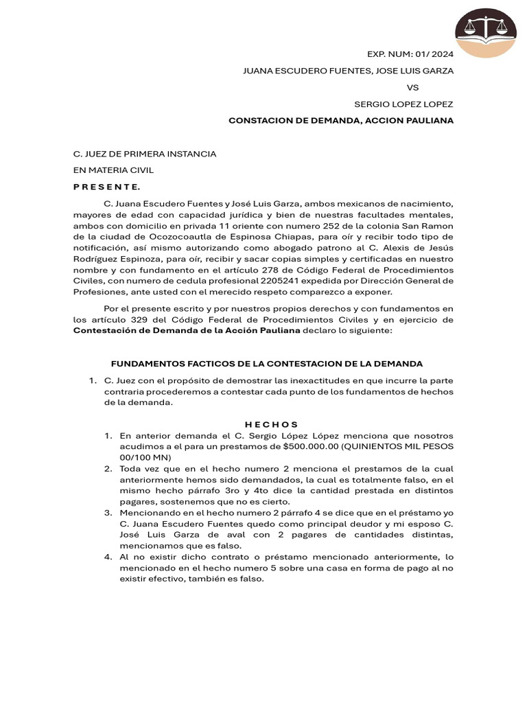 Contestación Demanda Acción Pauliana | PDF | Demanda judicial | Justicia