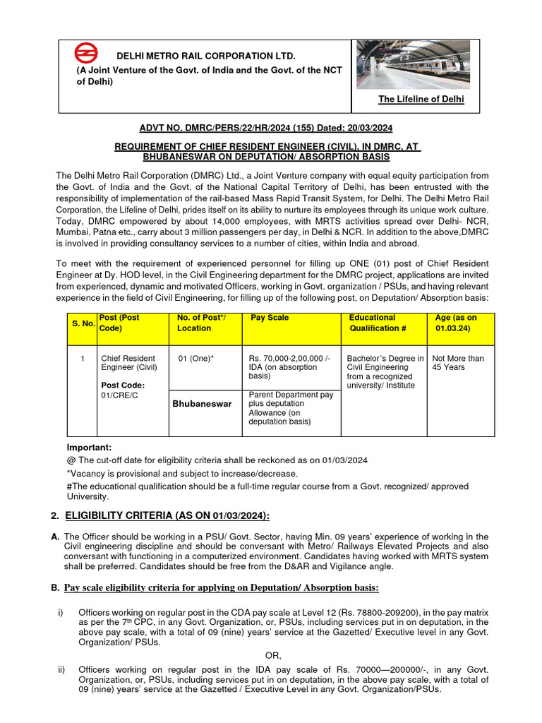 Advertsiement For Chief Resident Engineer DGM On Deputation Absorption ...