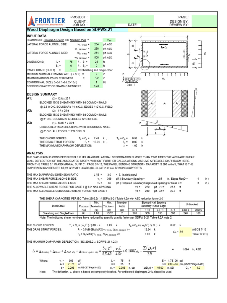 Wood Diaphragm Design Based On SDPWS-21: Project: Client: Design By: Job No.: Date: Review By ...