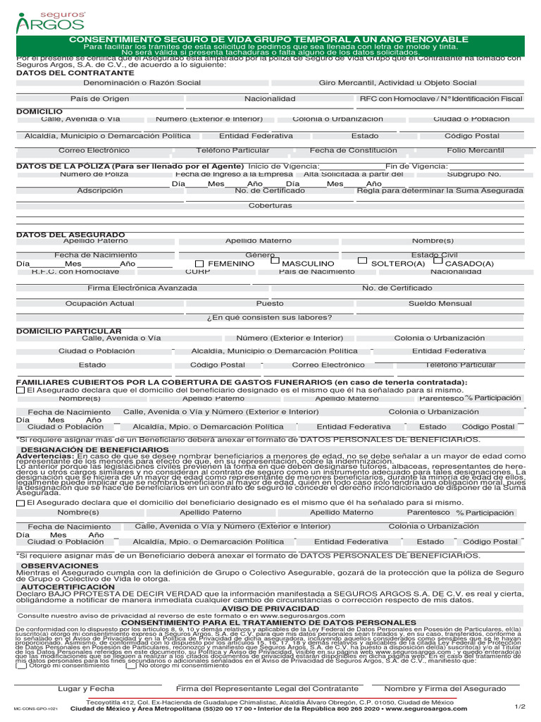 Formato Seguro de Vida 1 Aã o | PDF | Póliza de seguros | Privacidad