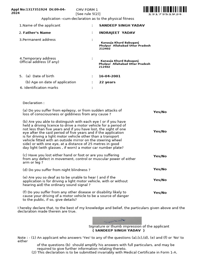 CMV Form 1: Driver Fitness Application | PDF | Vehicles