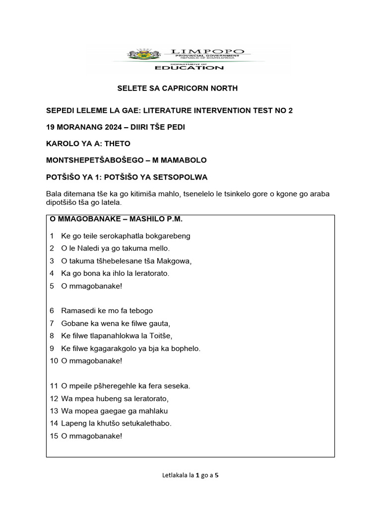 Grade 12 Intervention Test No 2 Literature Sepedi HL 2024 19042024 ...