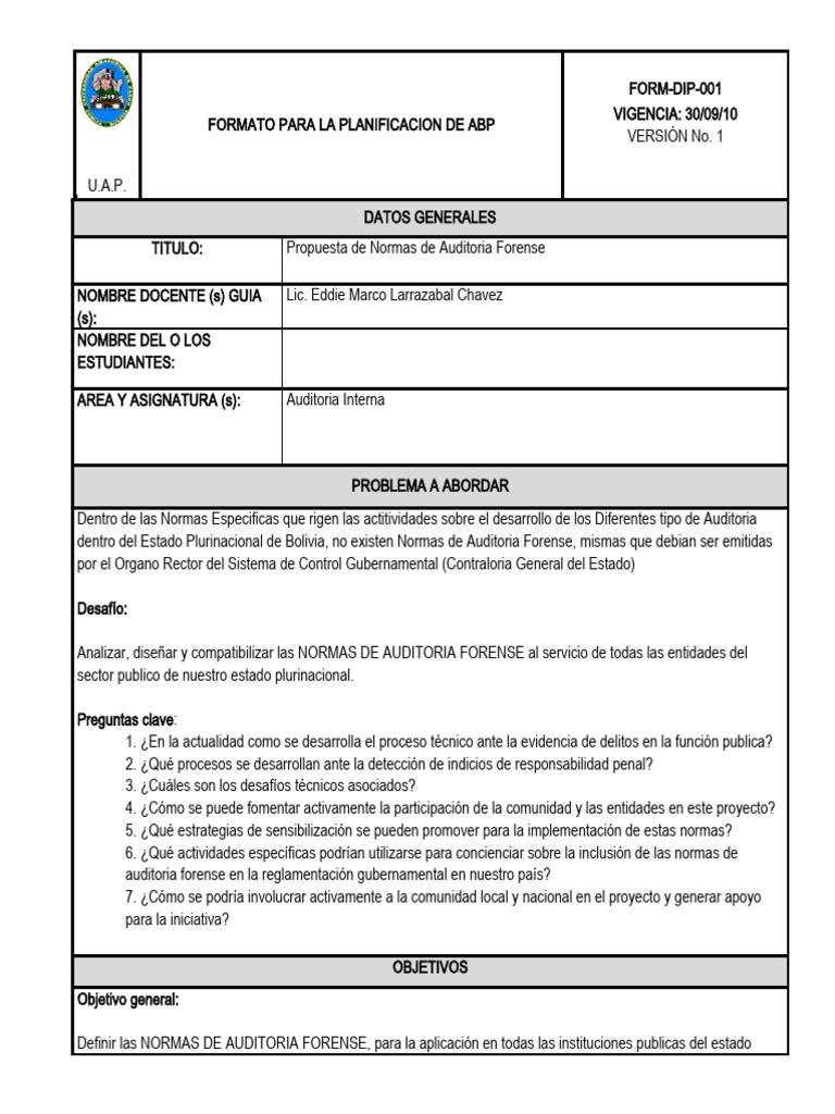 FORM 101 Planificación ABP (FORM-DIP-001) Auditoria Forense | PDF ...