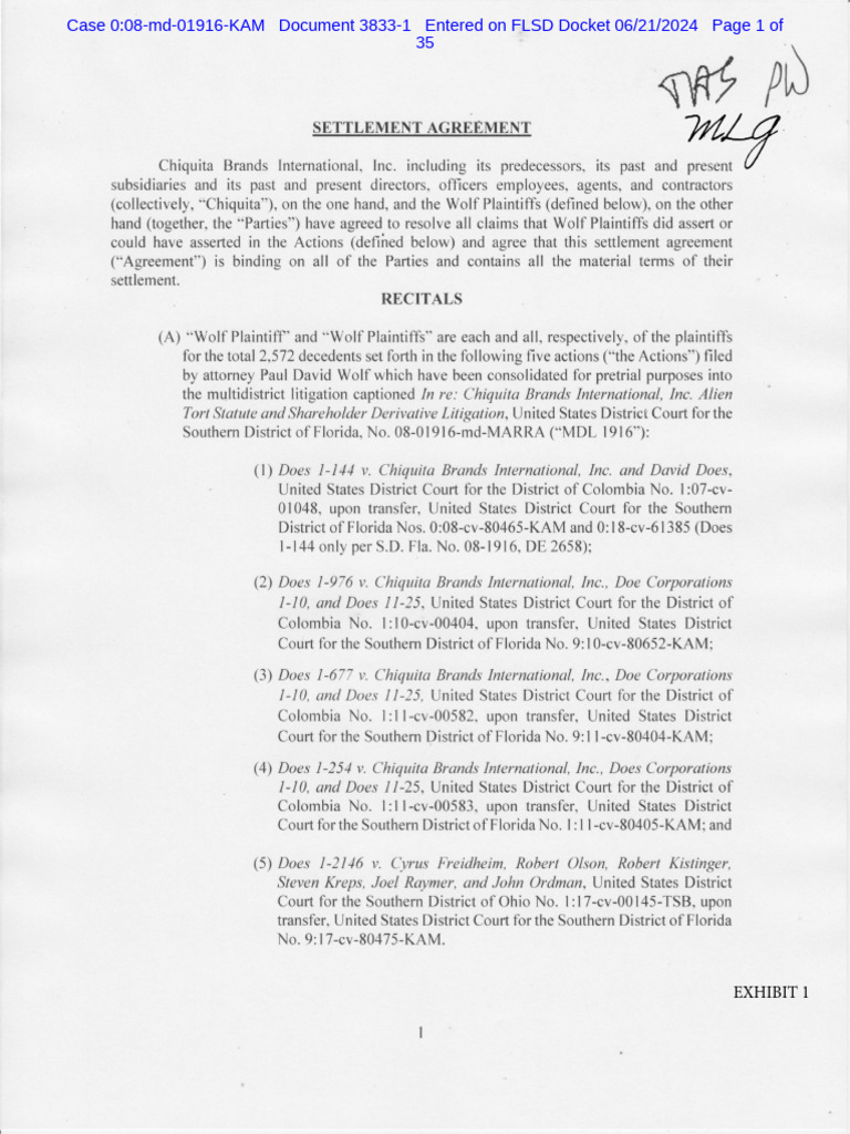 Chiquita Settlement Agreement Overview | PDF | Settlement (Litigation) | Lawsuit