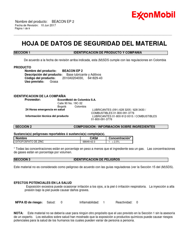 Hoja de Seguridad BEACON EP 2 | PDF | Agua | Ventilación (Arquitectura)