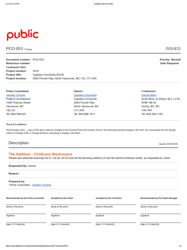 PCO-053 Tile Addition - Childcare Washrooms NOT PROCEEDING | PDF | Architect