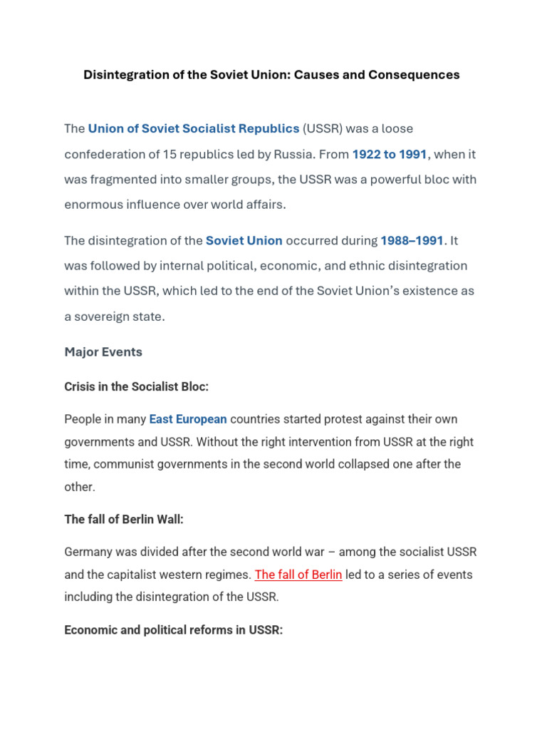 Disintegration of The Soviet Union Causes and Consequences | PDF ...