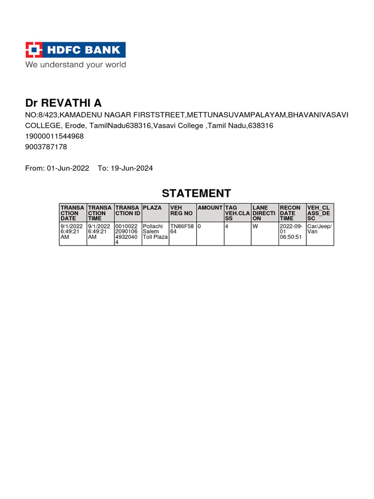Toll Transaction Statement for Dr. Revathi | PDF