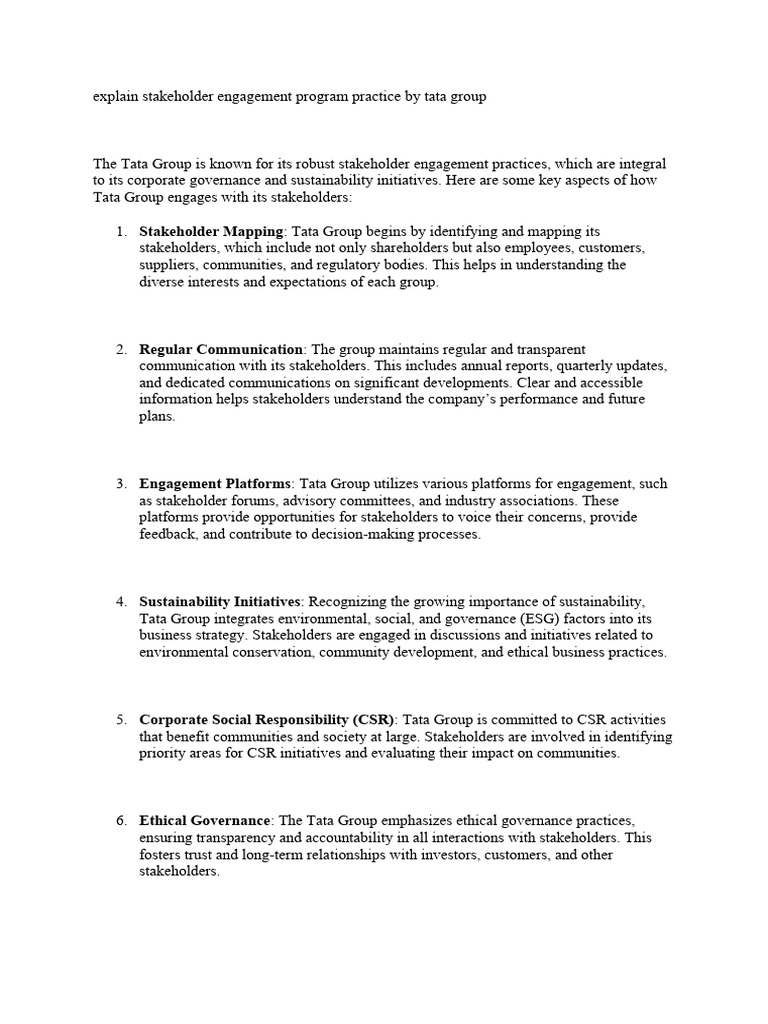 Explain Stakeholder Engagement Program Practice by Tata Group | PDF ...