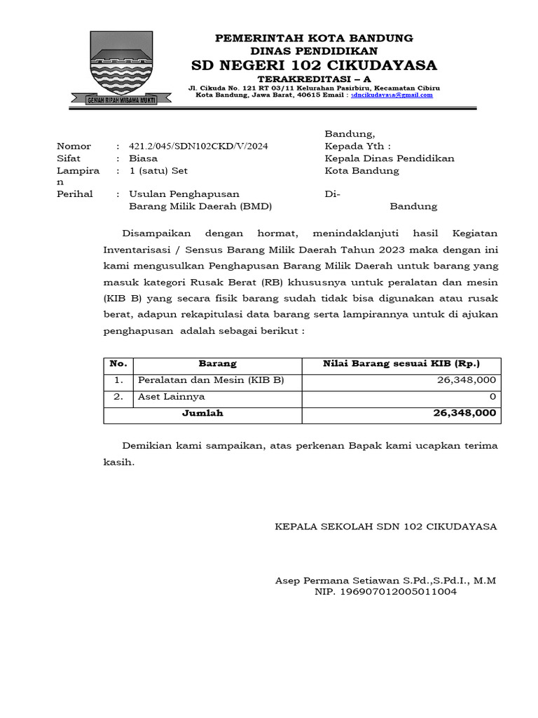 Format Lampiran Usulan Penghapusan BMD Sekolah KIB B-1 | PDF