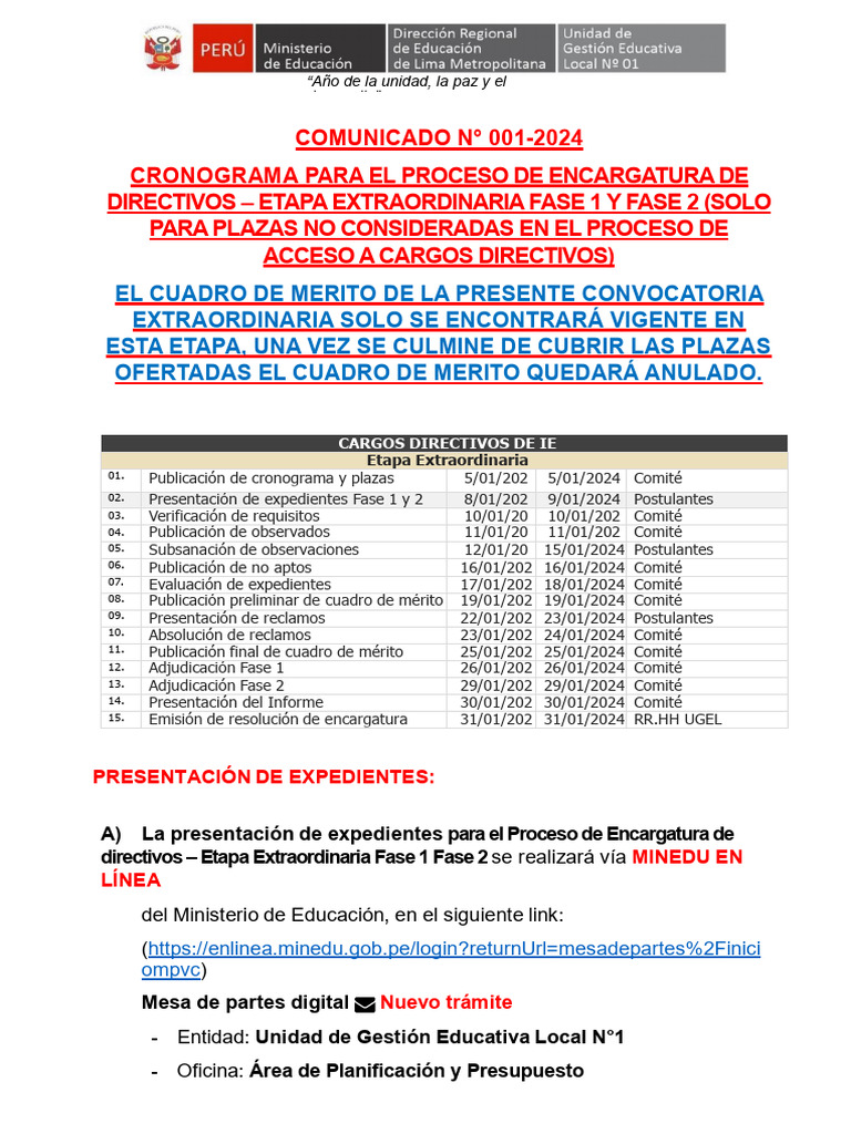 Ver Comunicado N 001 2024 Cronograma para El Proceso de Encargatura de Directivos Etapa ...