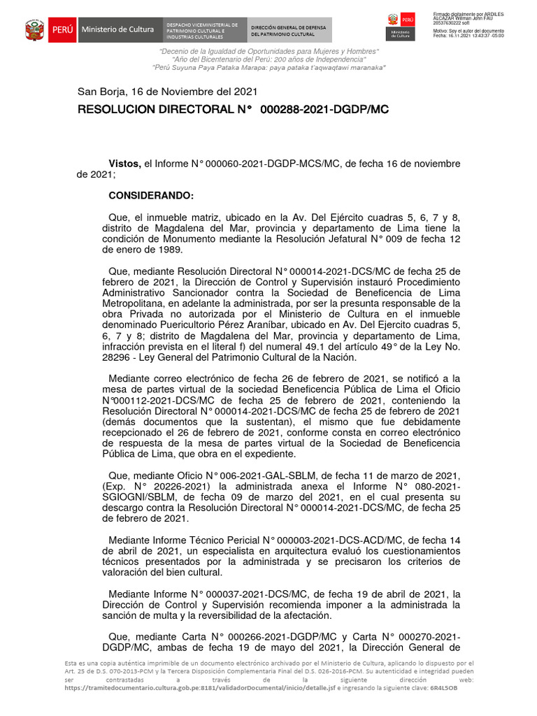 Rdn° 288-2021-Dgdp-Vmpcic-Mc | PDF | Perú | Lima