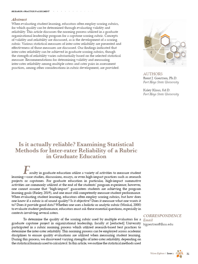 Examining Statistical Methods For Interrater Reliability RPA | PDF | Rubric (Academic) | Evaluation
