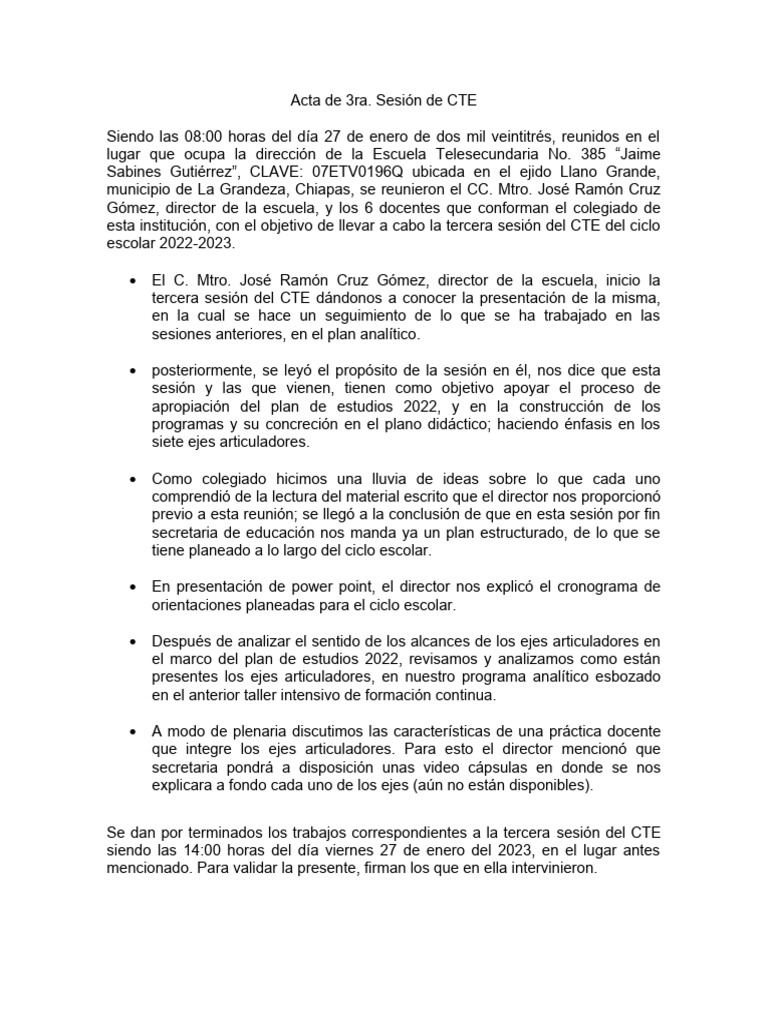 Acta de 3ra Sesion CTE | PDF | Plan de estudios
