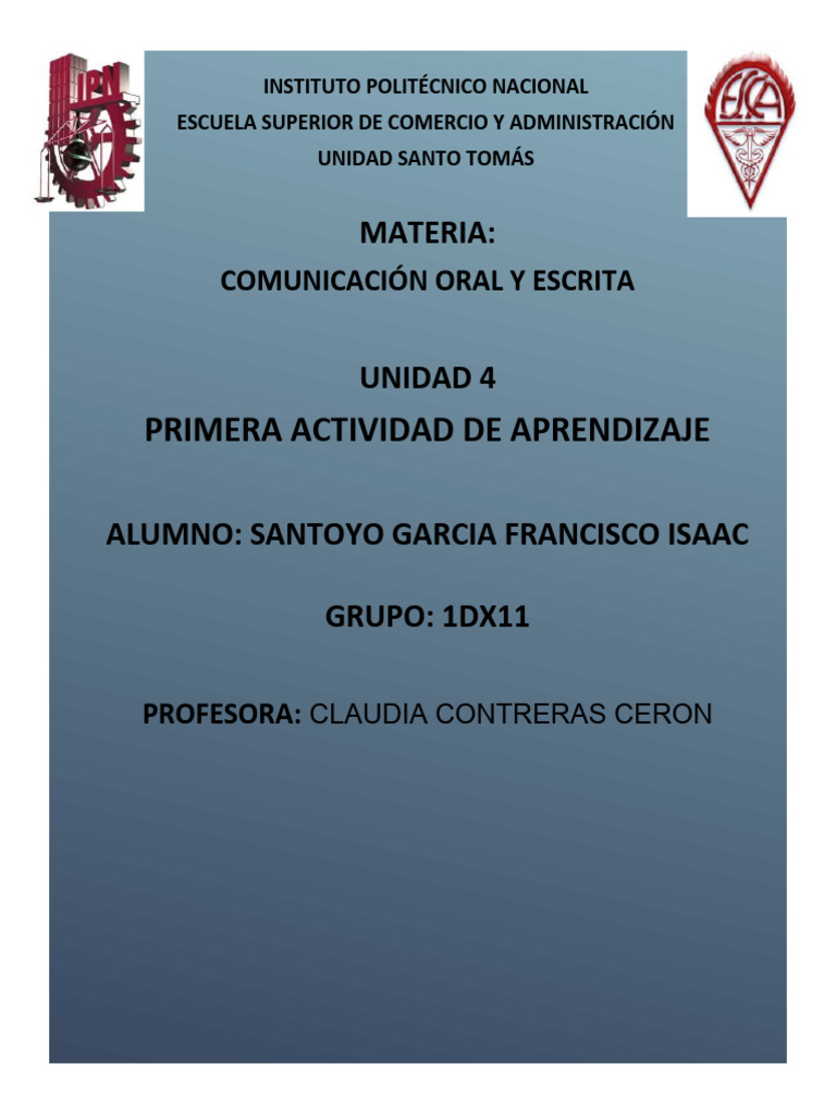 U4 A1 Primera Actividad de Aprendizaje Santoyo Garcia | PDF | Hablar en ...