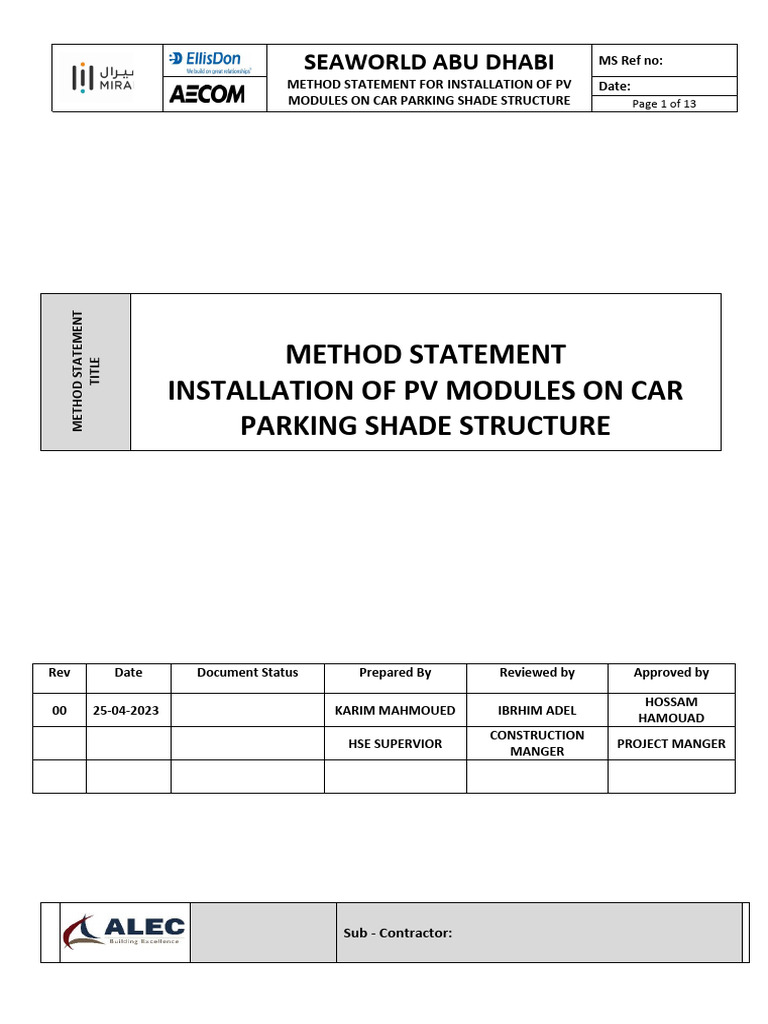 Method Statement Installation of PV Modules On Car Parking Shade Structure | PDF | Safety | Waste