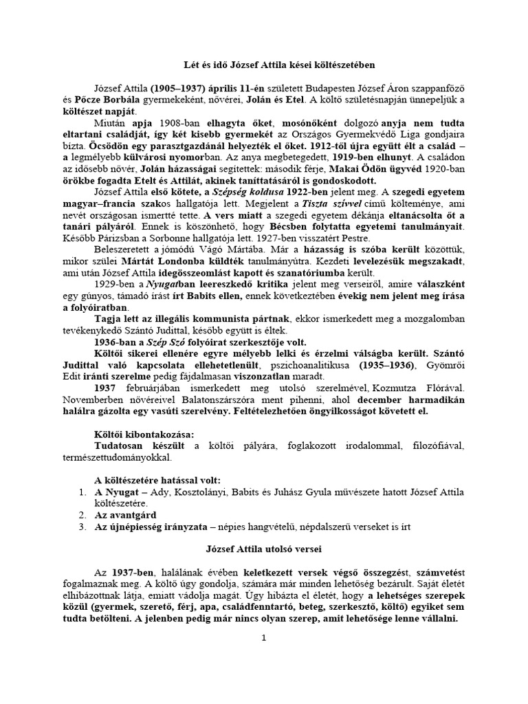 6. Lét és idő József Attila kései költészetében | PDF