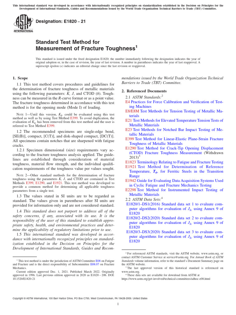 E1820-21 - Standard Test Method For Measurement of Fracture Toughness ...