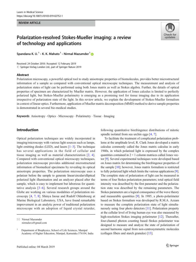 Stokes-Mueller Imaging in Polarization Microscopy | PDF | Polarization (Waves) | Microscopy