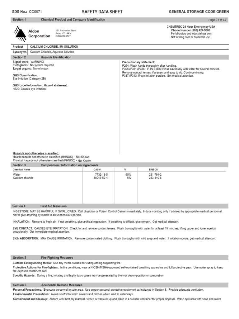 Calcium Chloride - Aqueous - Solution | PDF | Personal Protective ...