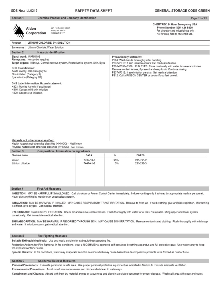 Lithium Chloride 5% Solution SDS | PDF | Water | Personal Protective ...
