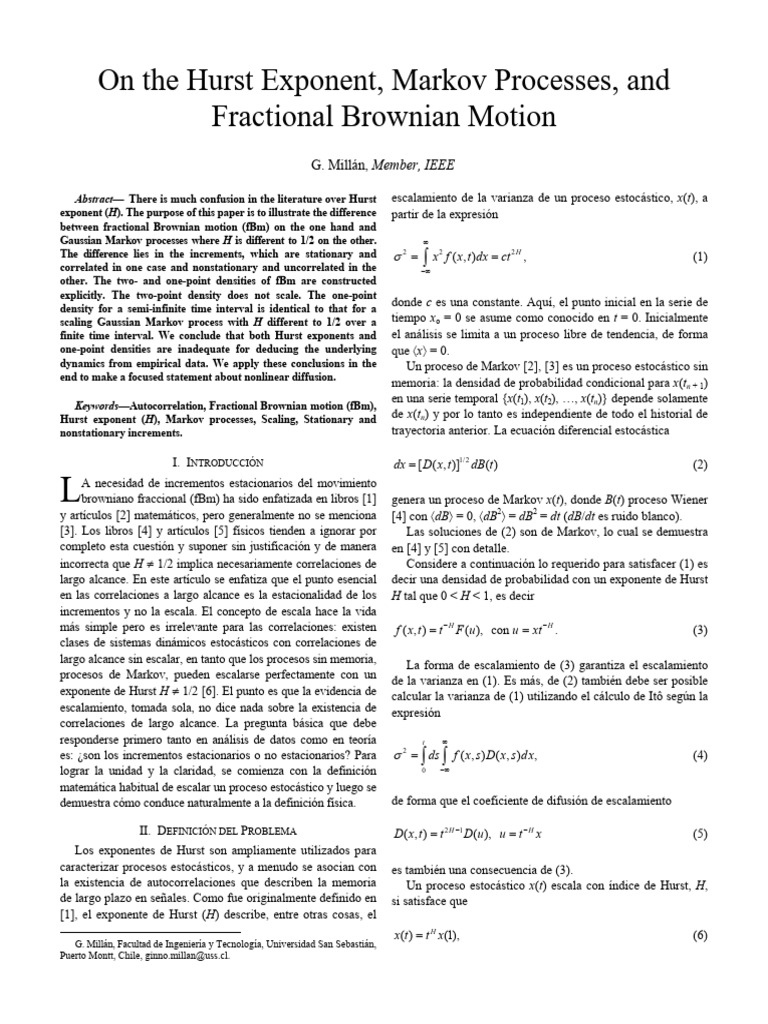 On The Hurst Exponent, Markov Processes, and Fractional Brownian Motion | PDF | Teoría de ...