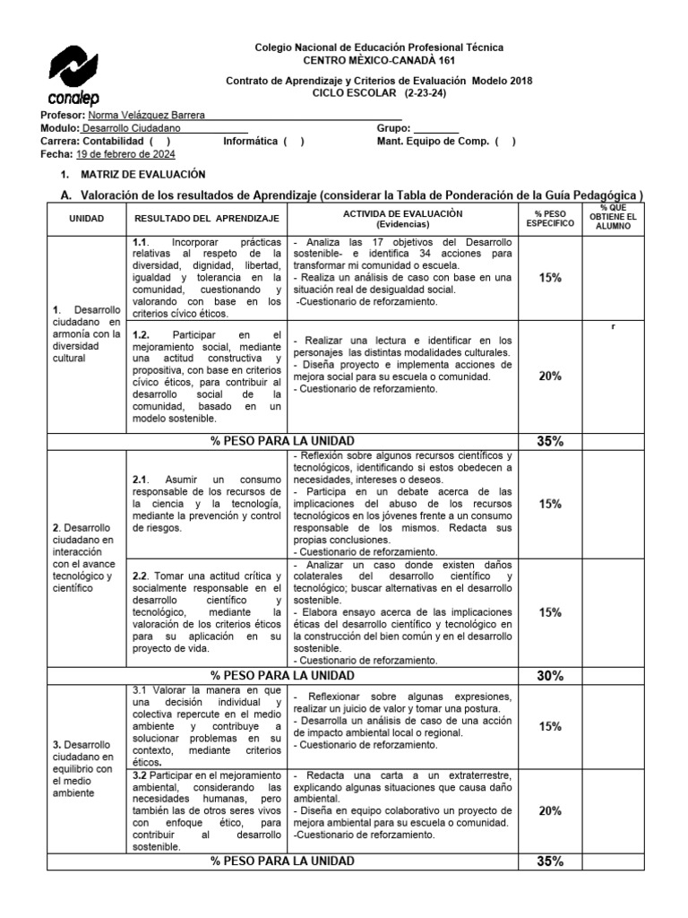 Contrato de Aprendizaje y Evaluaciòn 2024 | Descargar gratis PDF | Sustentabilidad | Evaluación