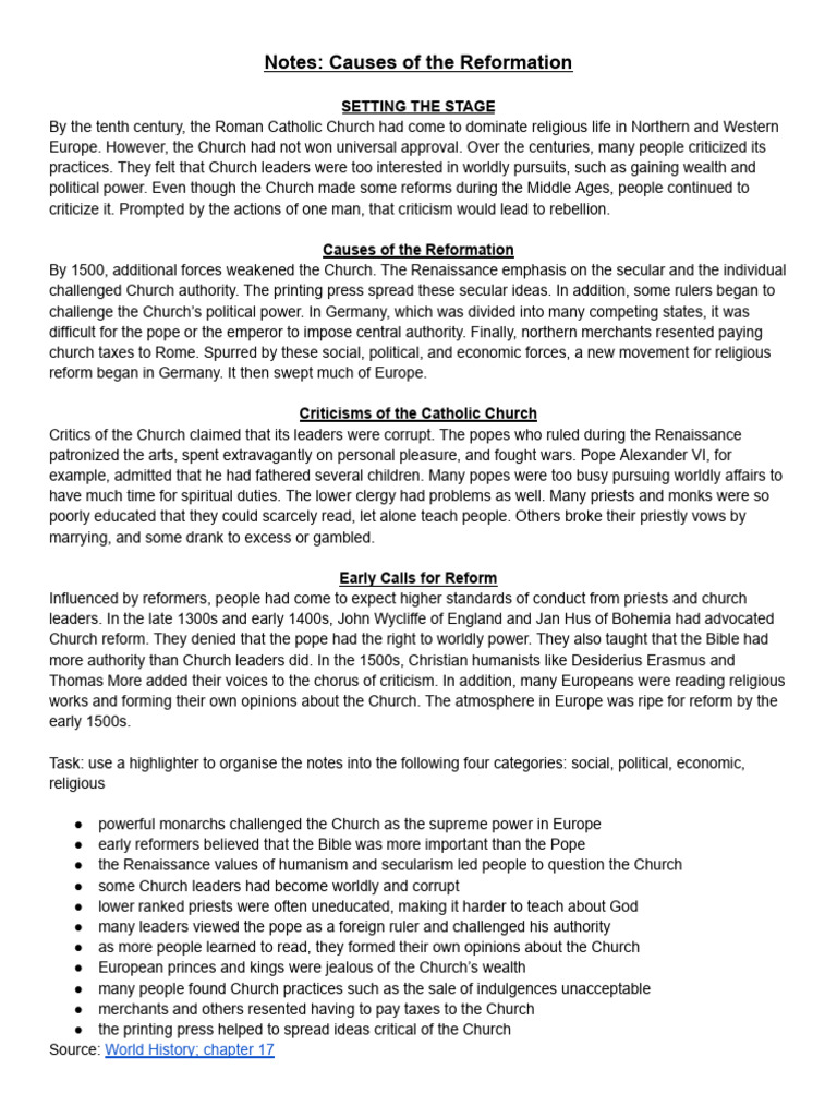 Notes - Causes of The Reformation | PDF | Catholic Church | Pope