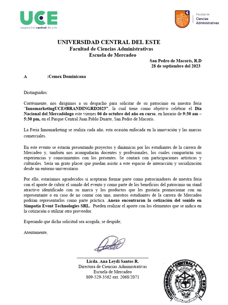Carta Patrocinio Feria MKT Cemex Dominicana | PDF