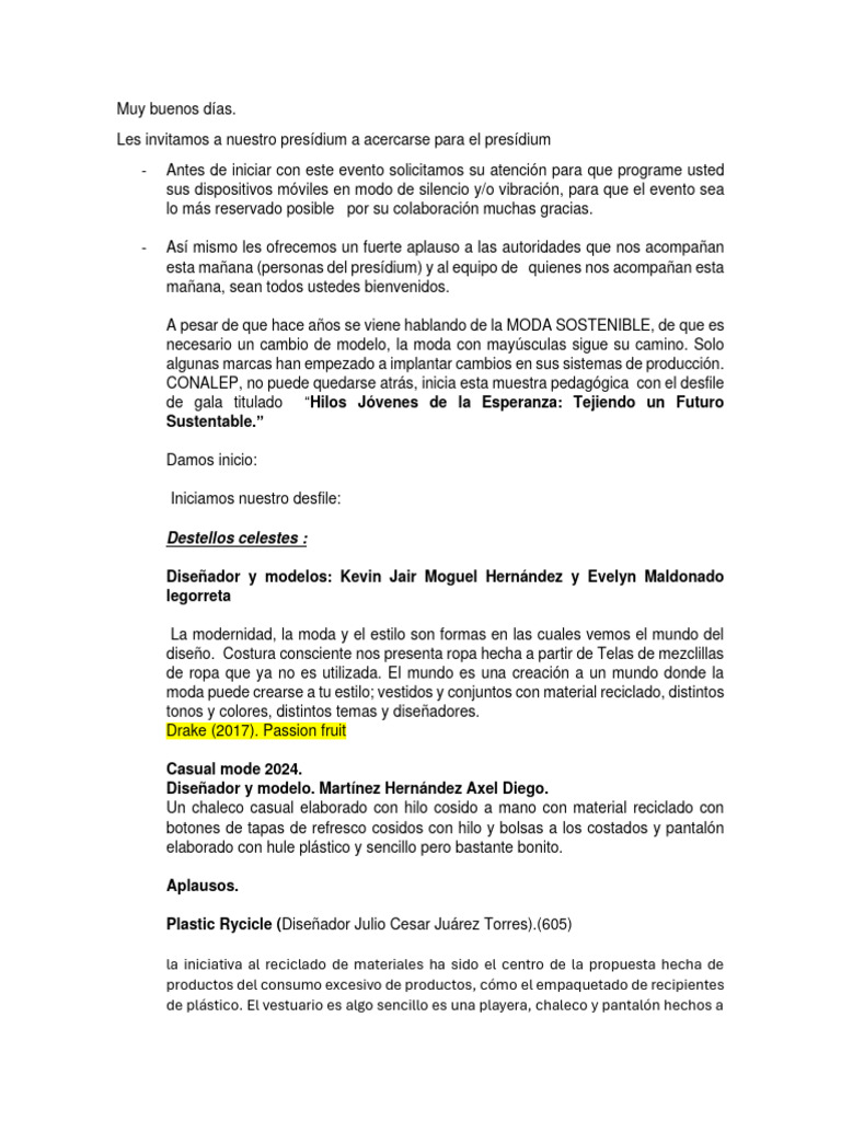 Guión de La Muestra | Descargar gratis PDF | Reciclaje | Moda