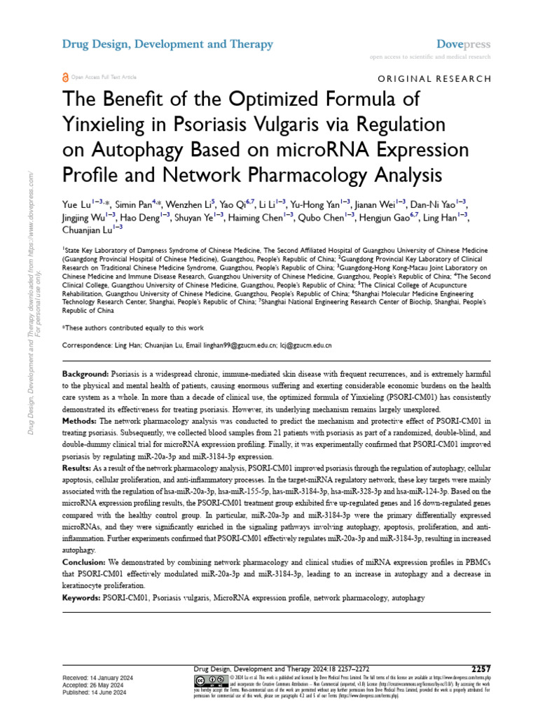 The Benefit of The Optimized Formula of Yinxieling in Psoriasis ...