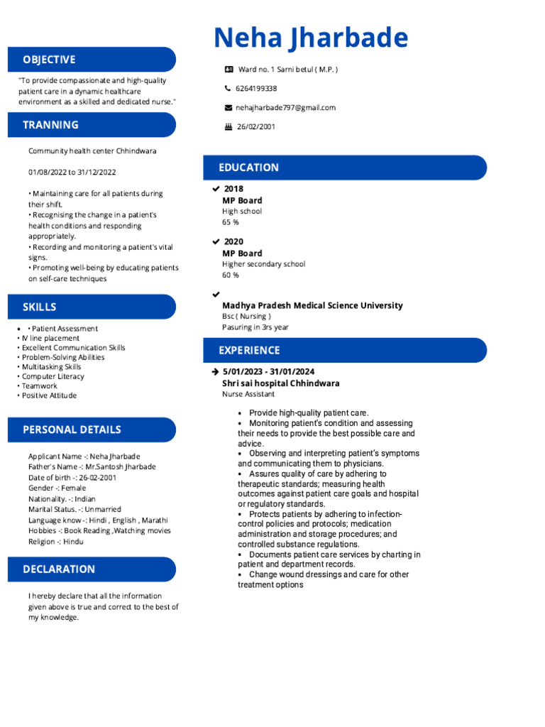 Neha CV | PDF | Health Care | Patient