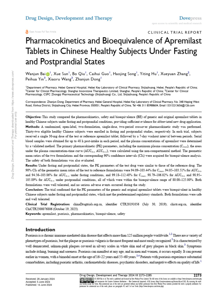 Apremilast Bioequivalence Study in China | PDF | Psoriasis ...