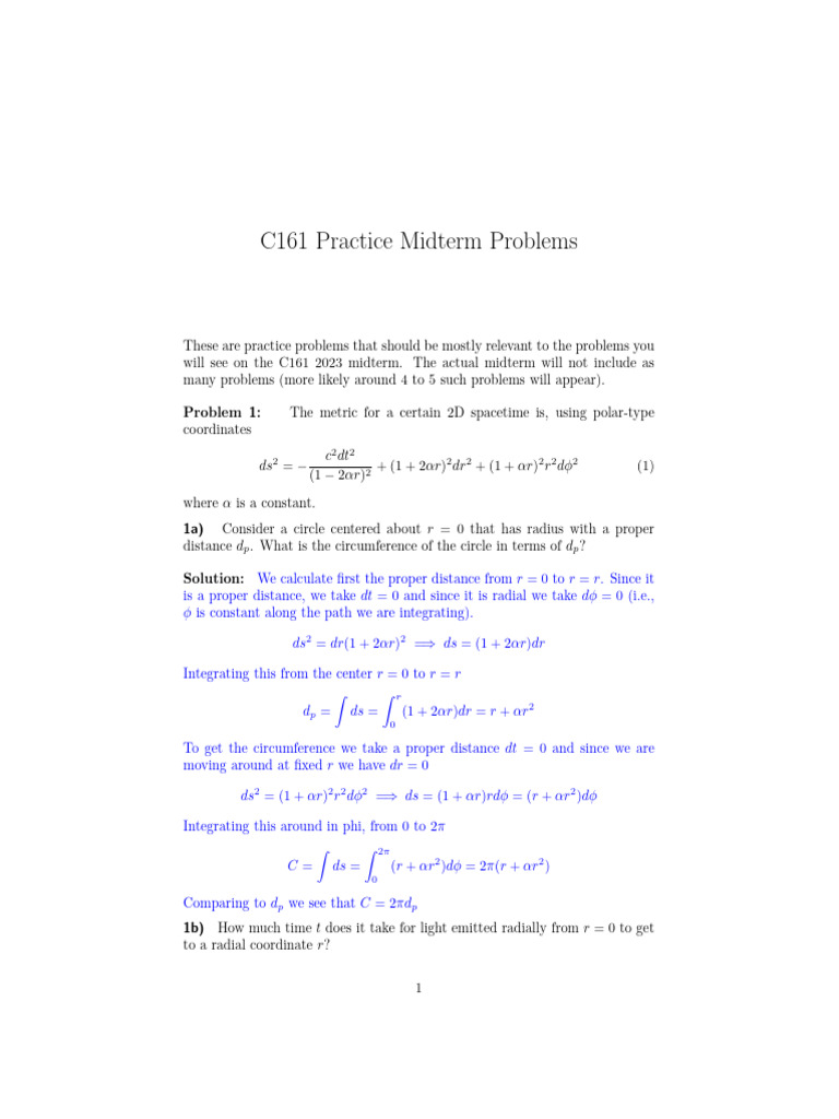 Practice Midterm Solutions | PDF | Black Hole | Spacetime