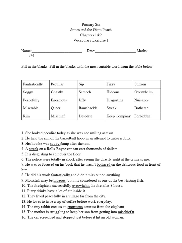 Vocabulary Exercise: James & the Giant Peach | PDF