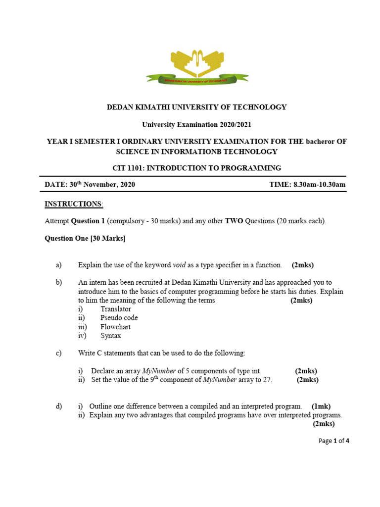 CIT 1101 Introduction To Programming Odinary Exam Print | PDF | Computer Program | Programming