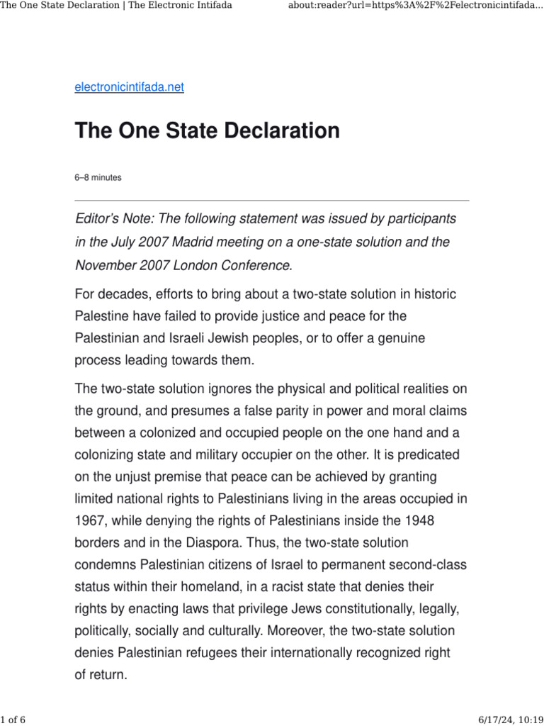 The One State Declaration The Electronic Intifada | PDF | Two State ...