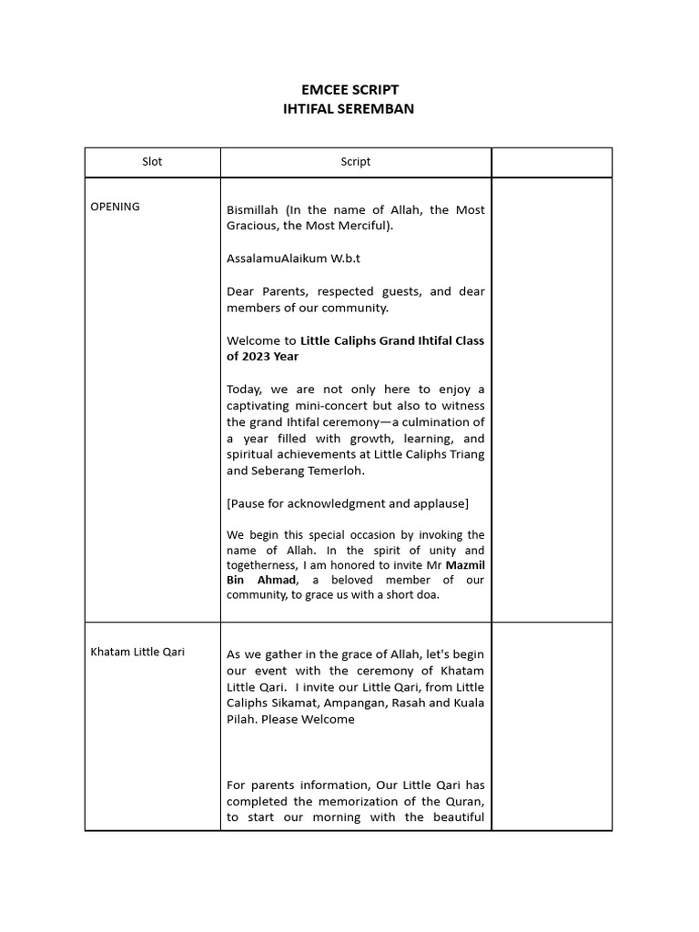 EMCEE Script - Ihtifal sEREMBAN | PDF | Quran | Islam
