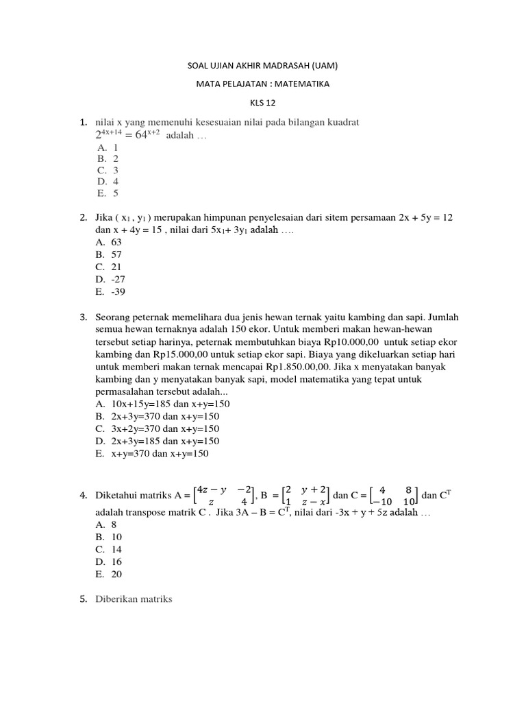 Matematika Xii (Contoh Uam 2021-2022) | PDF