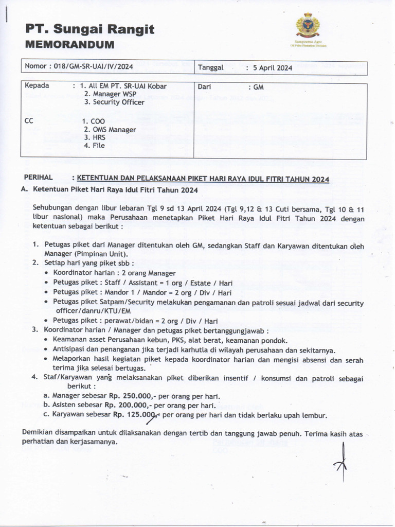 Memo Piket Lebaran 2024 Rev | PDF